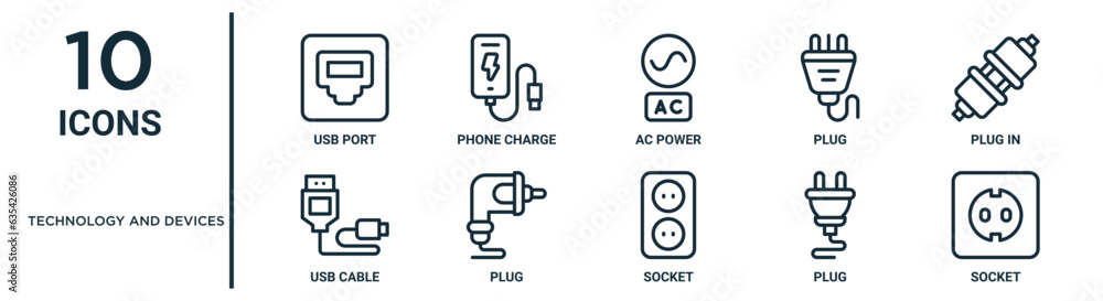 Vetor de technology and devices outline icon set such as thin line usb ...