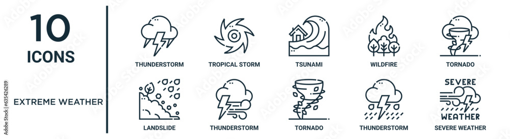 extreme weather outline icon set such as thin line thunderstorm ...