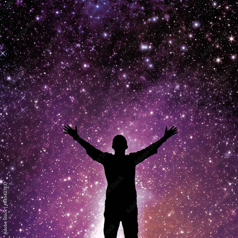Man with arms wide open and Milky Way stars. Created using generative ...