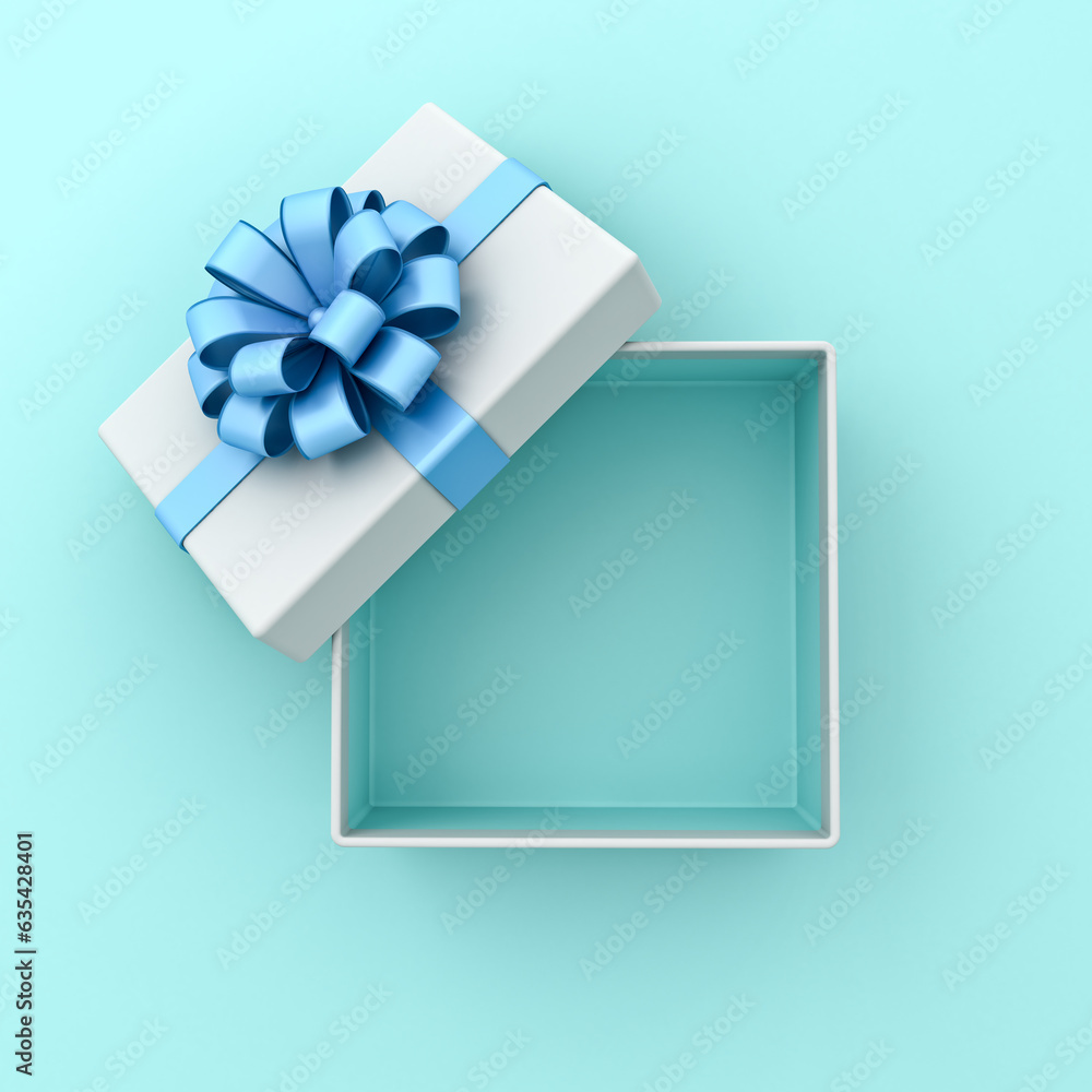 Blank open white gift box with cyan blue bottom inside or top view of ...