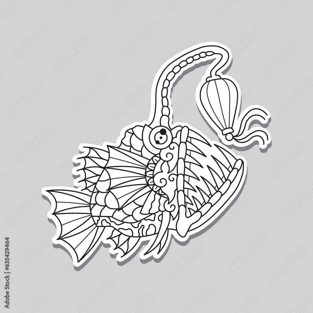 Outline Angler fish. Underwater sea monster. Coloring page. Traditional ...