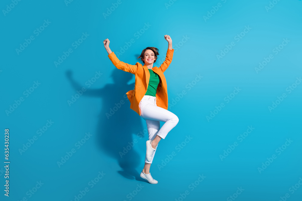 Full length photo of overjoyed positive lucky lady wear trendy clothes ...