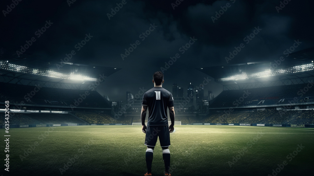 Rear view football player or soccer fan with hands raised for cheering ...