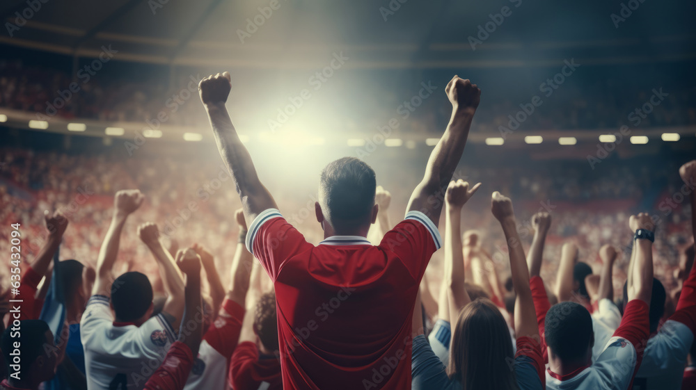 Rear view football player or soccer fan with hands raised for cheering ...