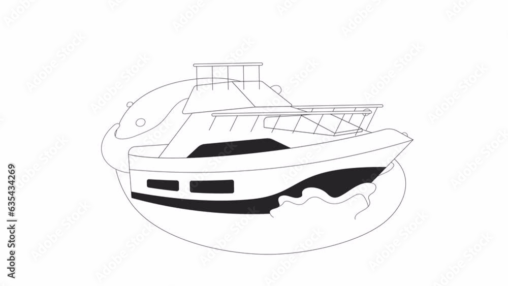 Luxury yacht on water splash sea bw cartoon animation. Vessel sailing ...