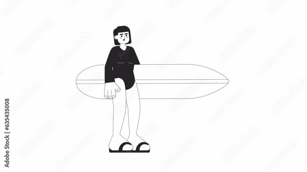 Surfer girl holding surfboard bw 2D character animation. Surf board ...