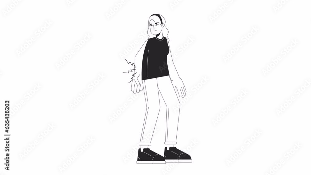 Backache woman bw outline cartoon animation. Girl touches hurt spine 4K ...