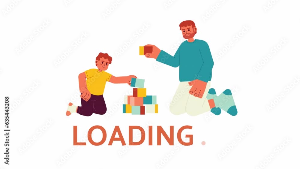 Father son playing 2D loading animation. Toddler boy building wooden ...