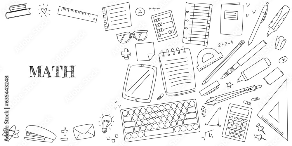 Lettering Math surrounded by frame from stationery items. White board ...