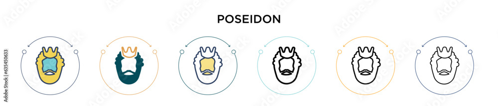 Poseidon icon in filled, thin line, outline and stroke style. Vector illustration of two colored ...