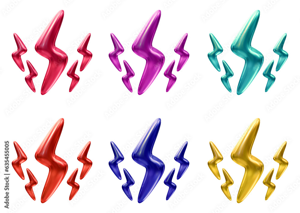 Set of lighting bolt icons in 3d rendering isolated on transparent ...