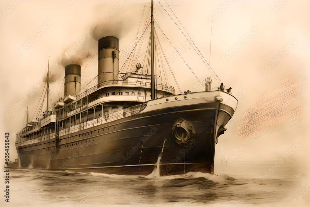 vintage monochrome drawing of a passenger steamship - generative ai ...