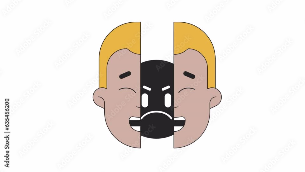 Hypocrite fake guy split face line 2D animation. Happy man head ...