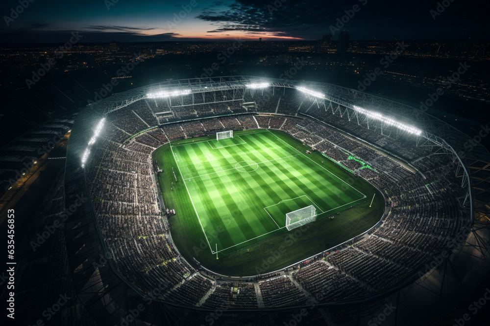 Aerial view on soccer stadium in evening time, Football arena with ...