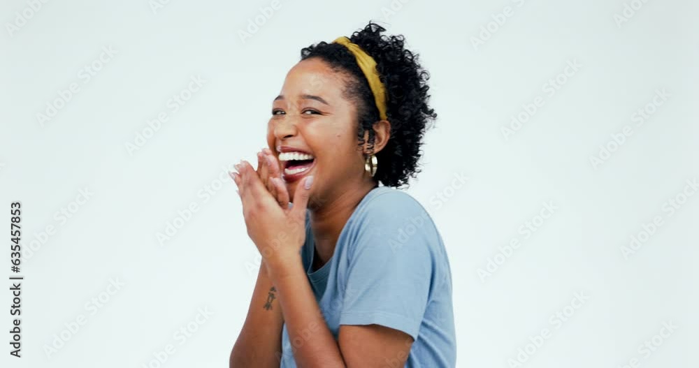 Stockvideon Surprise, joke and laughing woman face in studio with shy ...