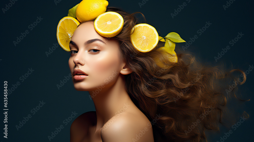 Lemon Beauty Model Portrait. Web banner with empty copy space on the ...