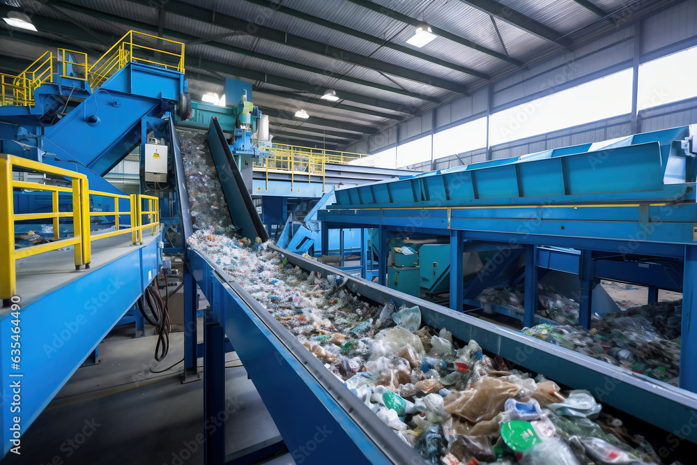 Waste sorting plant. Many different conveyors and bins. conveyors ...