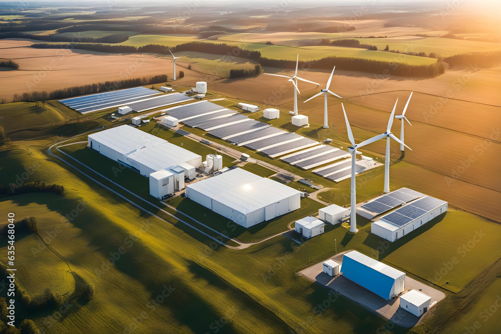 modern battery energy storage system with wind turbines and solar panel ...
