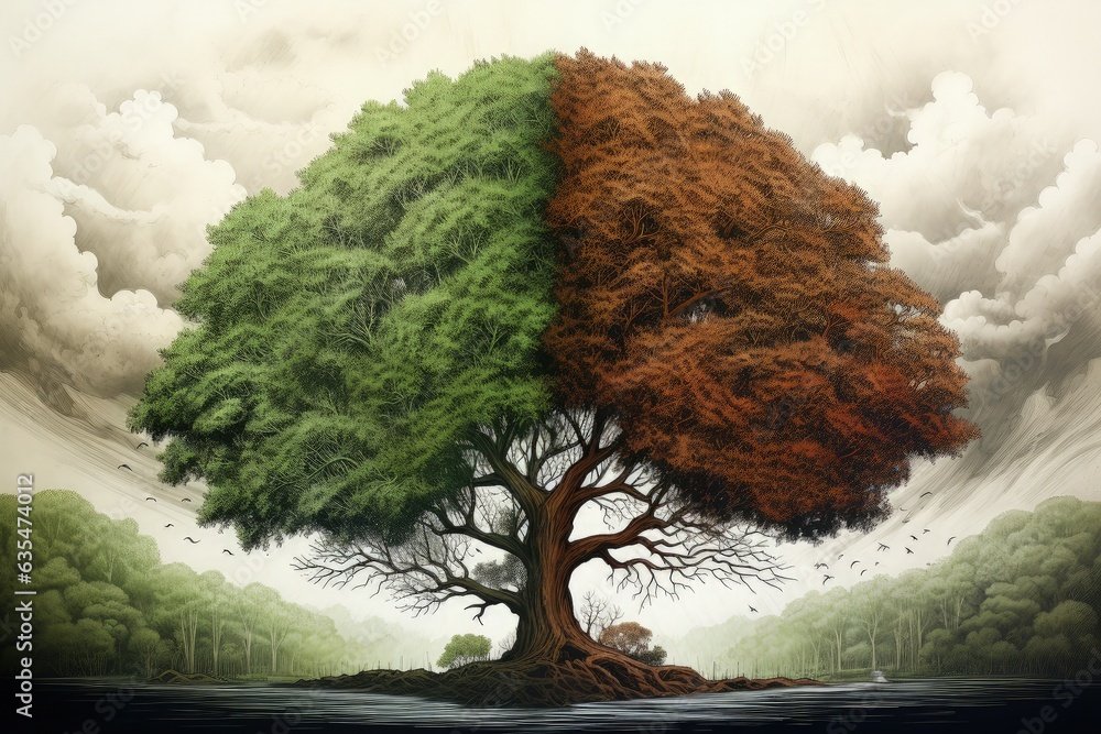 Tree half in autumn and half in spring, white background, nature and ...