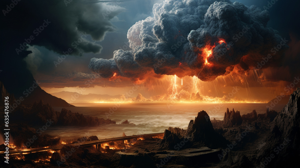 Nuclear explosion day or night. Stormy sky, shock wave against the ...