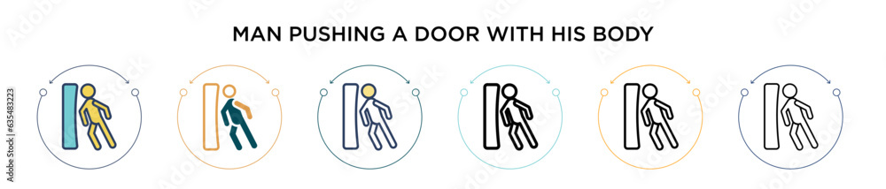 Man pushing a door with his body icon in filled, thin line, outline and ...