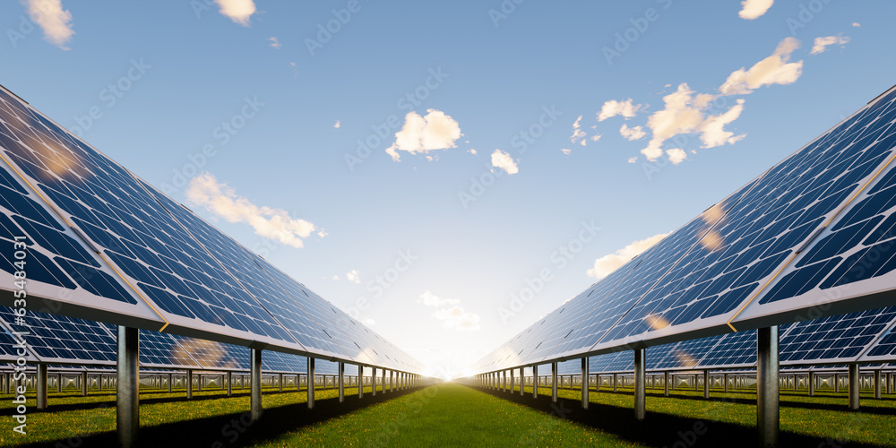 3d rendering of solar farm, field or solar power plant consist of ...