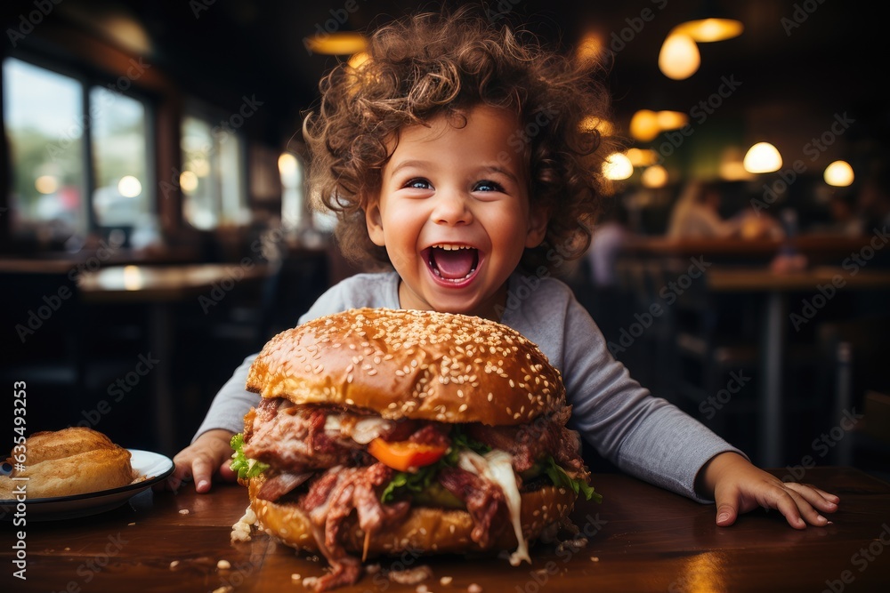 Foto de Happy little boy eating a hamburger. unhealthy fast food proper ...