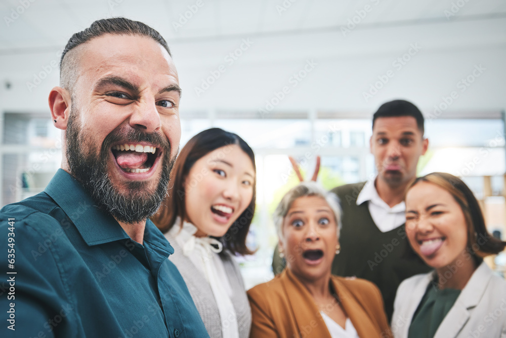 Portrait, selfie and group of funny business people in office for team ...