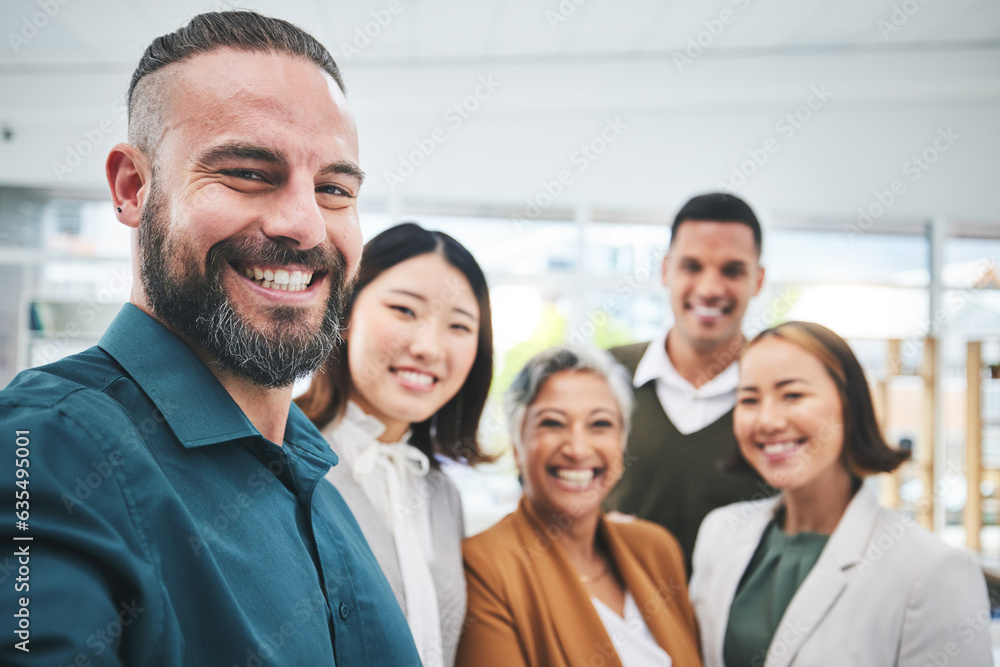 Selfie, portrait and happy business people together in office for team ...