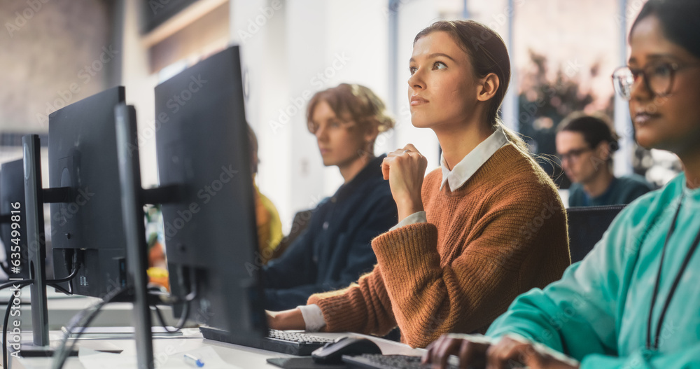 Young Smart Female Student Studying in Modern School with Diverse ...