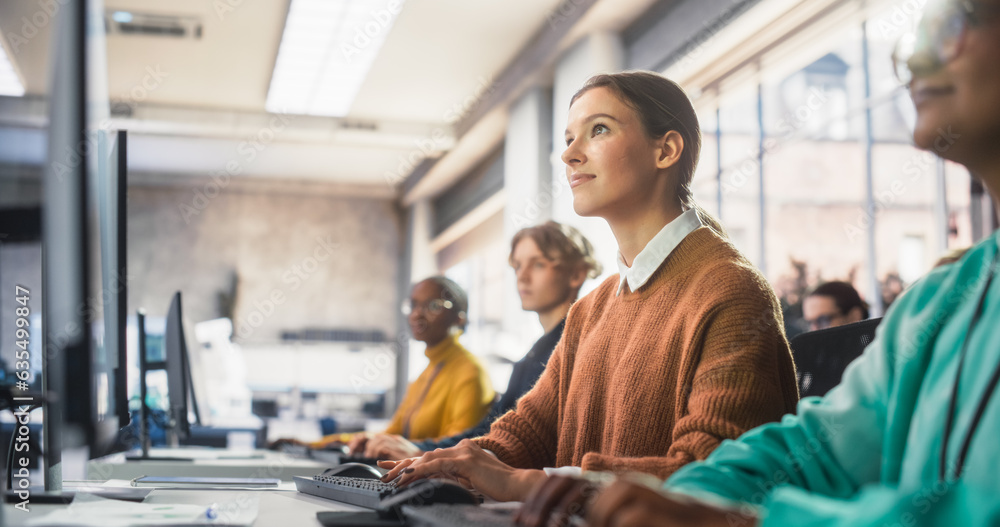 Beautiful Young Female Student Studying in Modern University with ...