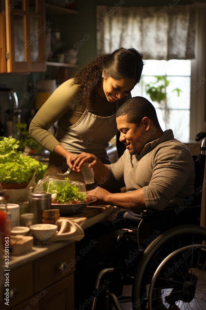 People with disabilities in a wheelchair perform daily tasks. Families ...
