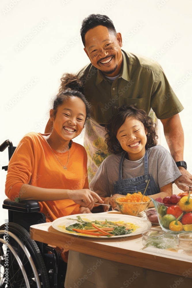 People with disabilities in a wheelchair perform daily tasks. Families ...