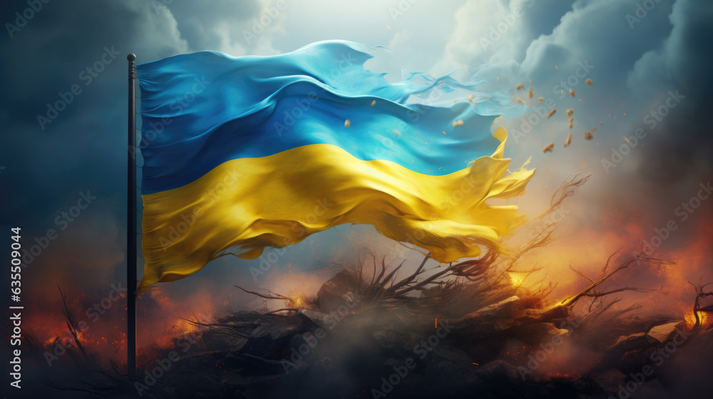 Ukrainian flag waving in the wind of a fire storm, Visual concept of ...