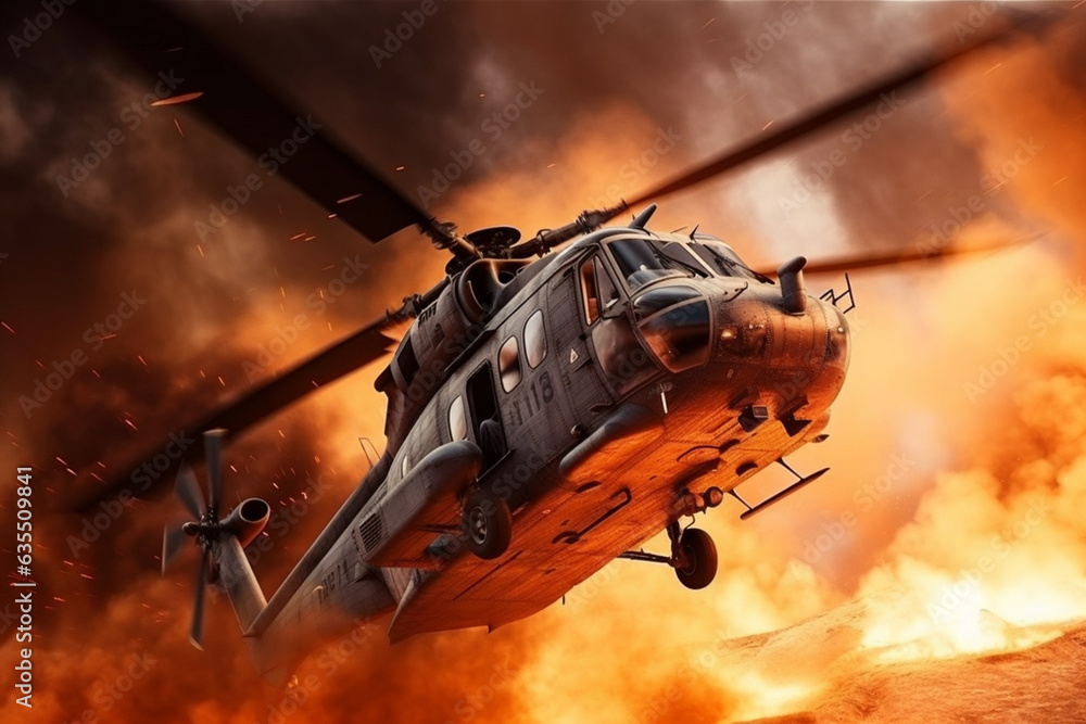 Military chopper crosses crosses fire and smoke in the desert, heroic ...