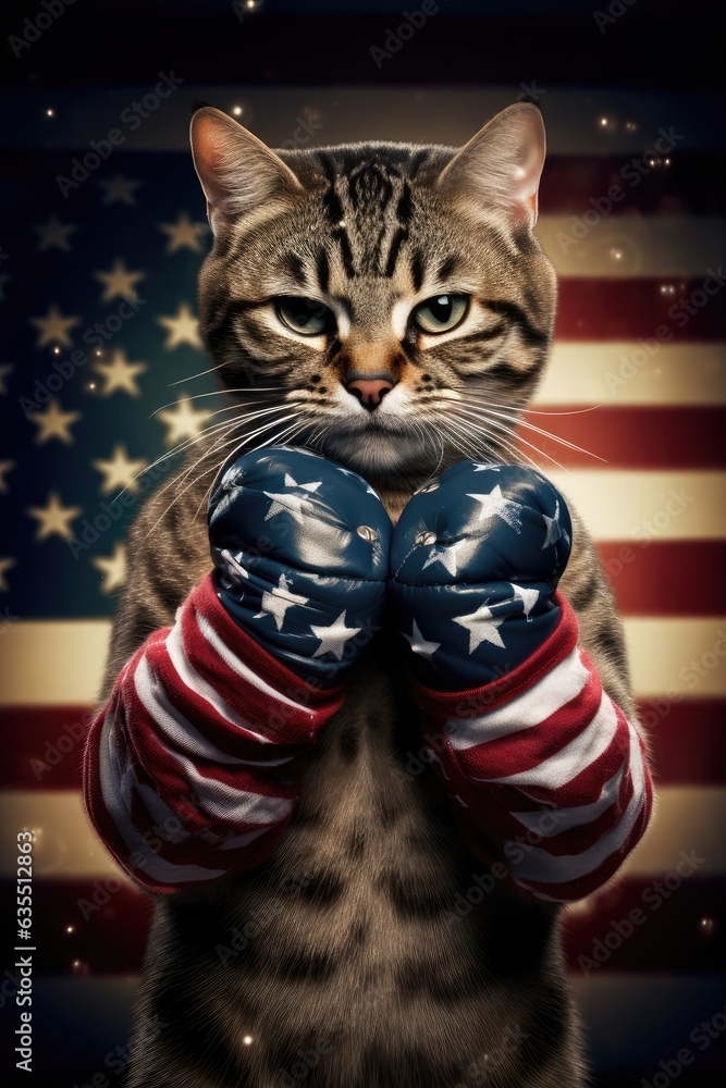 Cat, Boxer, Boxing, U.S. flag, American, Humorous, Dressed, Poster ...