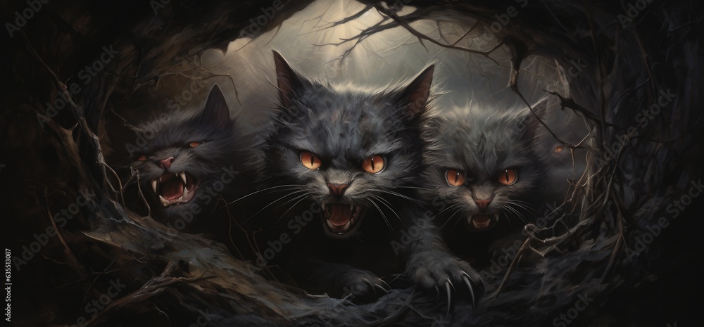 3D terryfying black evil cats, Horror background, Halloween, Lair ...