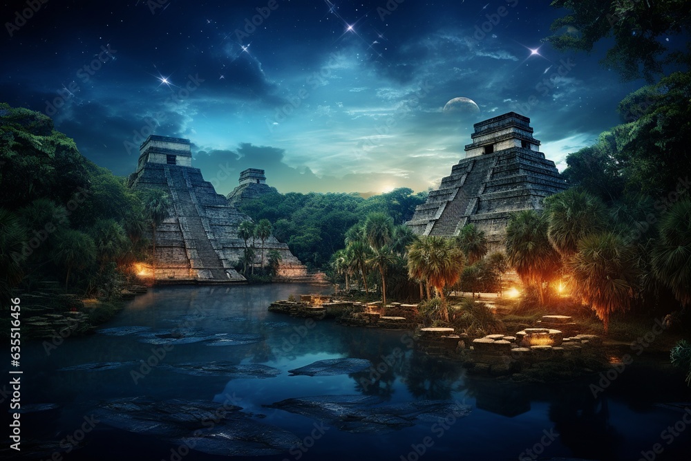 Starlit Rituals: Mayan Pyramids Towering Over the Jungle's Veil Stock ...