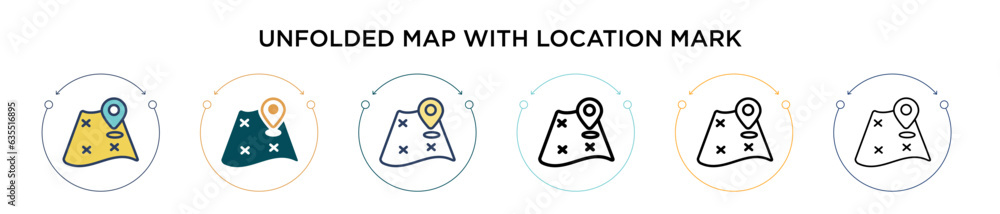 Unfolded Map With Location Mark Icon In Filled Thin Line Outline And Stroke Style Vector