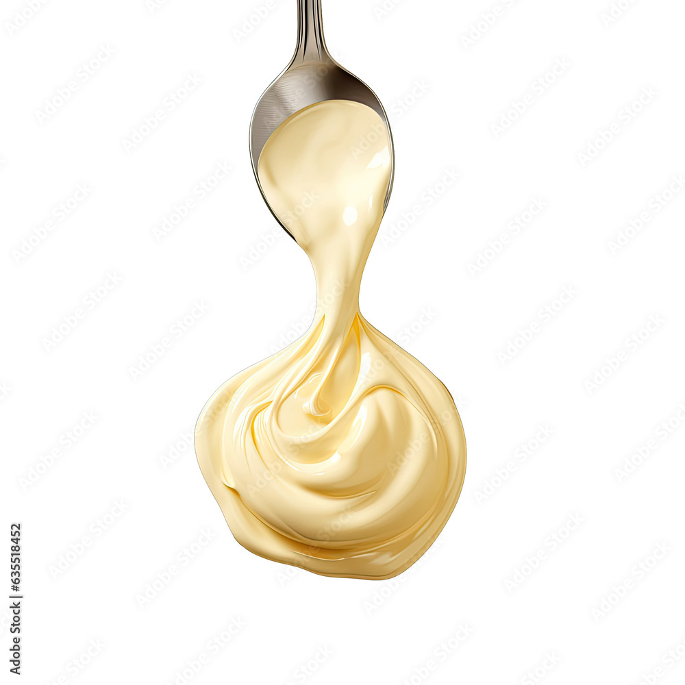 High resolution photograph of mayonnaise splashing in a spoon viewed ...