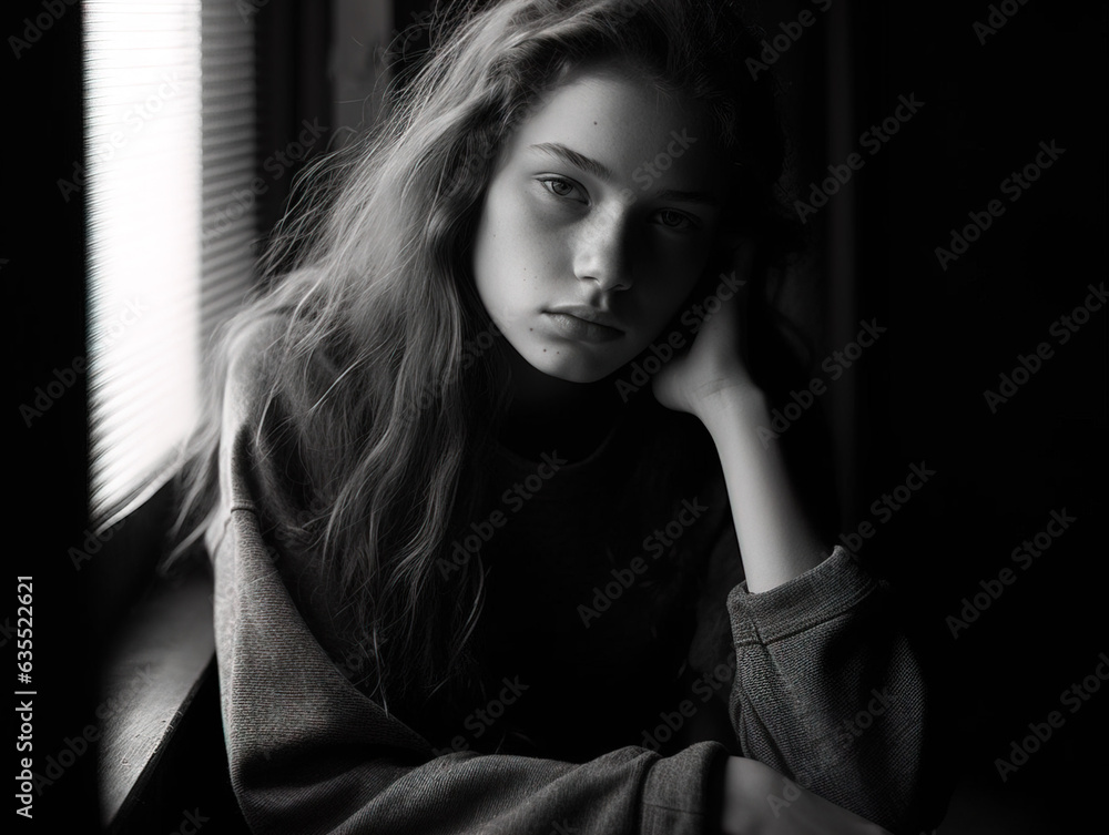 Black and white photo of a teenage sitting by a window. The composition ...