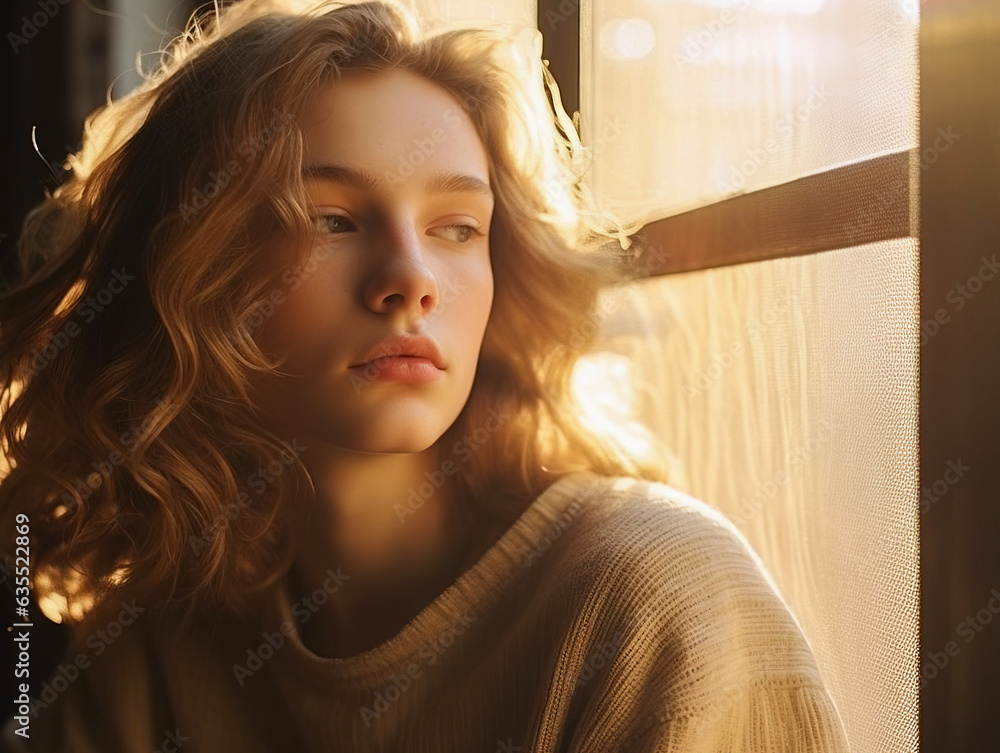 Photo of a teenage girl sitting by a window. The composition emphasizes ...