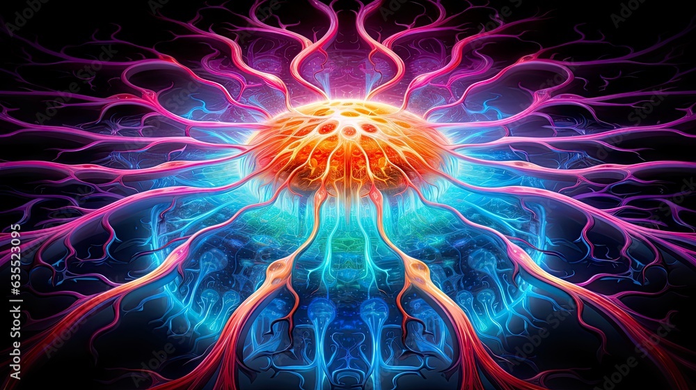 Fantasy colorful luminescent brain expanding, synapses connecting to ...