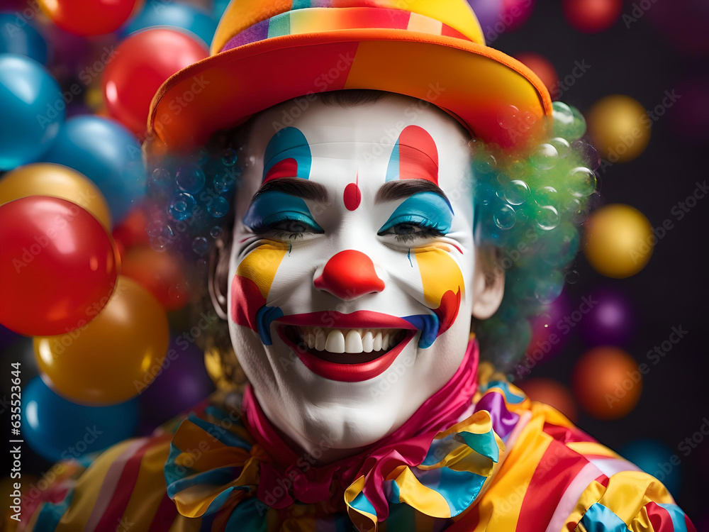 Clown arlequin character with make up and red hair and nose portrait ...