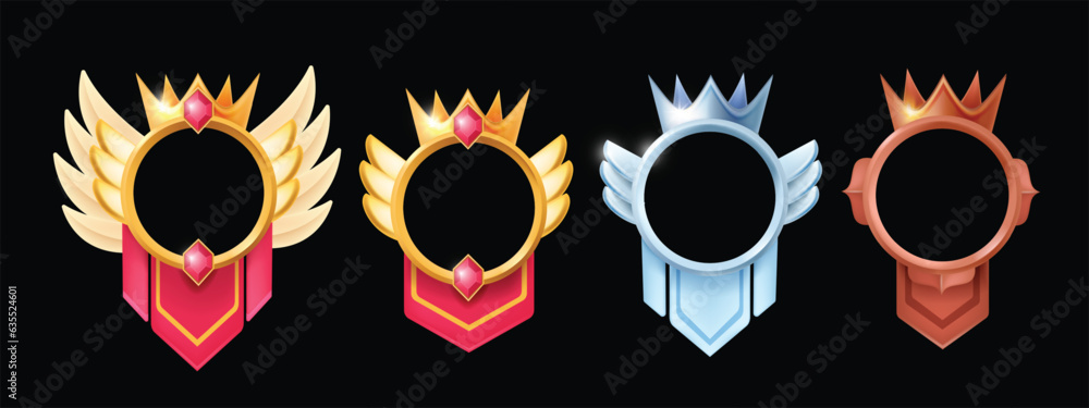Game avatar frame vector set, UI golden fantasy circle border kit ...