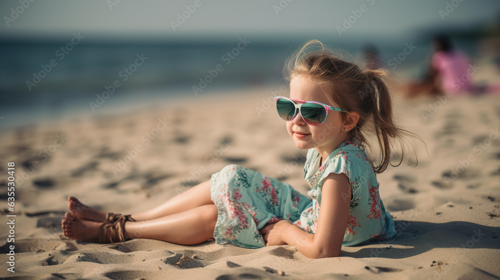 Little cute girl sunbathing on the beach, ai art Stock Illustration ...