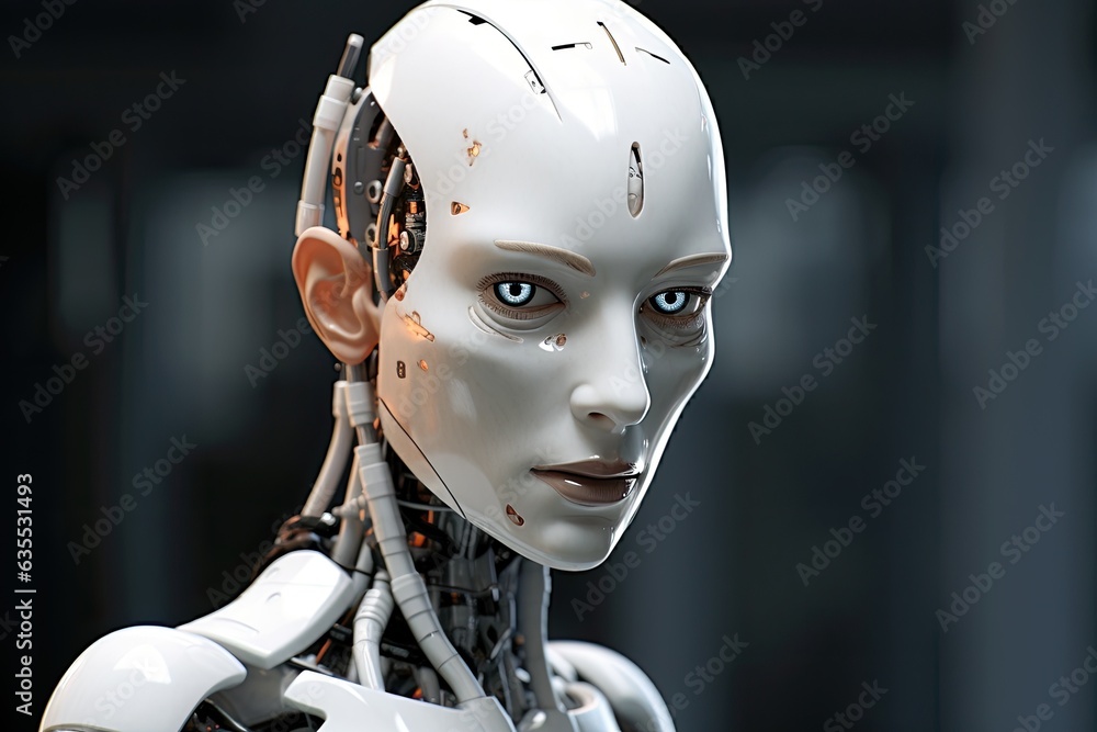 Sci-fi humanoid robot head with intricate wiring and blue accents ...