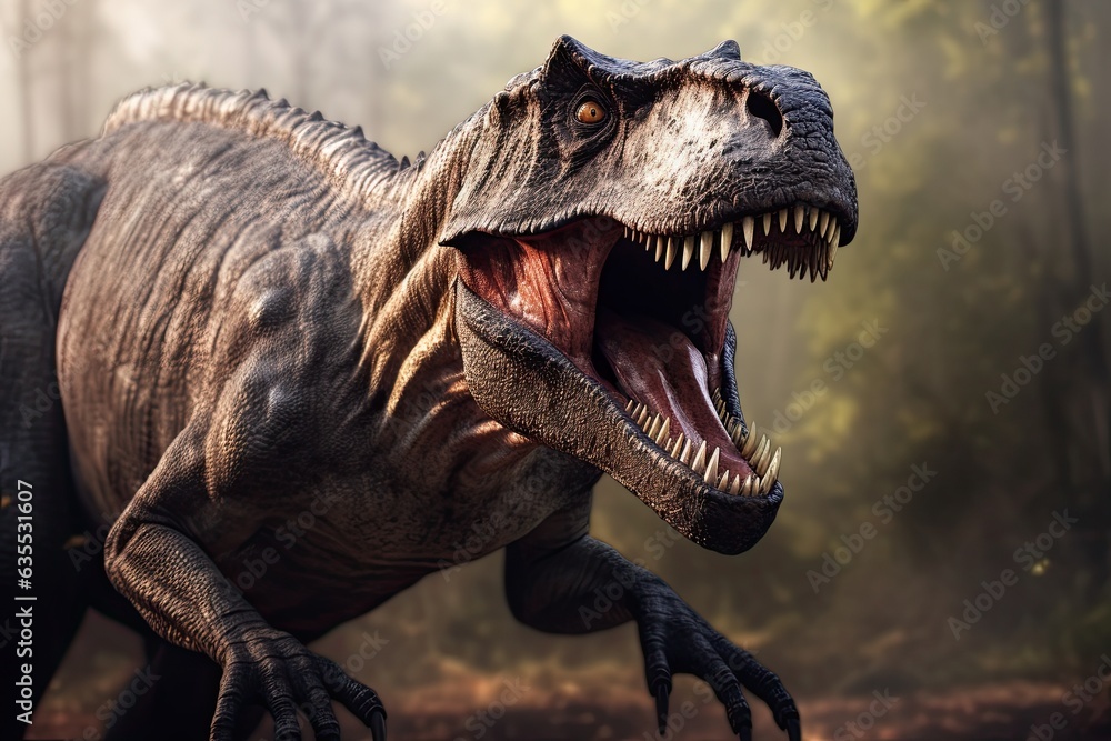 Roaring Tyrannosaurus Rex in forest. animatronic exhibit, history and nature attraction. Concept ...