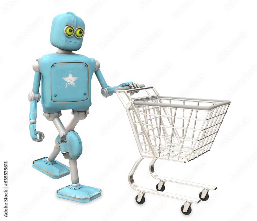 Retro robot moving empty shopping cart, 3D video render cartoon style ...