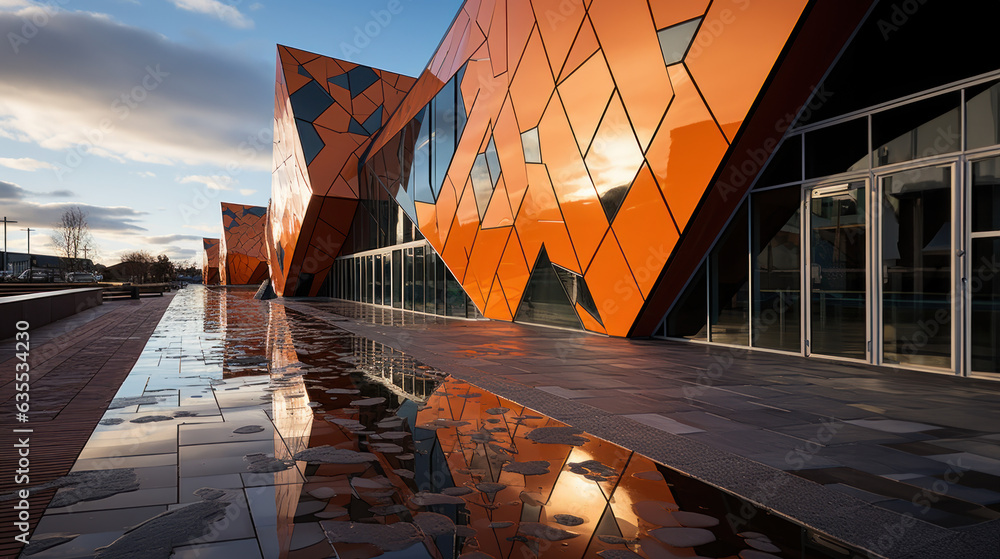 bâtiment à l'architecture moderne, anguleux à facettes, structure ...